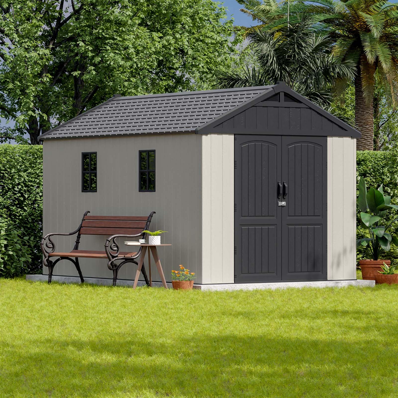 VICTONE Plastic Outdoor Storage Shed 8 x 12 FT with Floor, Resin Tool Shed with Two Windows and Lockable Door for Garden, Backyard, Easy to Install in Gray and White (Kick-it Shed)