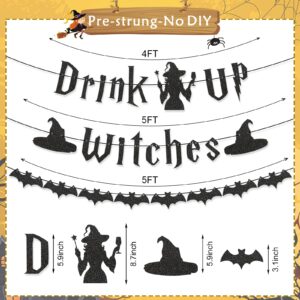 Stcomart Pre-Strung Glitter Drink Up Witches Banner for Halloween Witch Decorations, Witch Halloween Decor, Halloween Party Decorations, Black