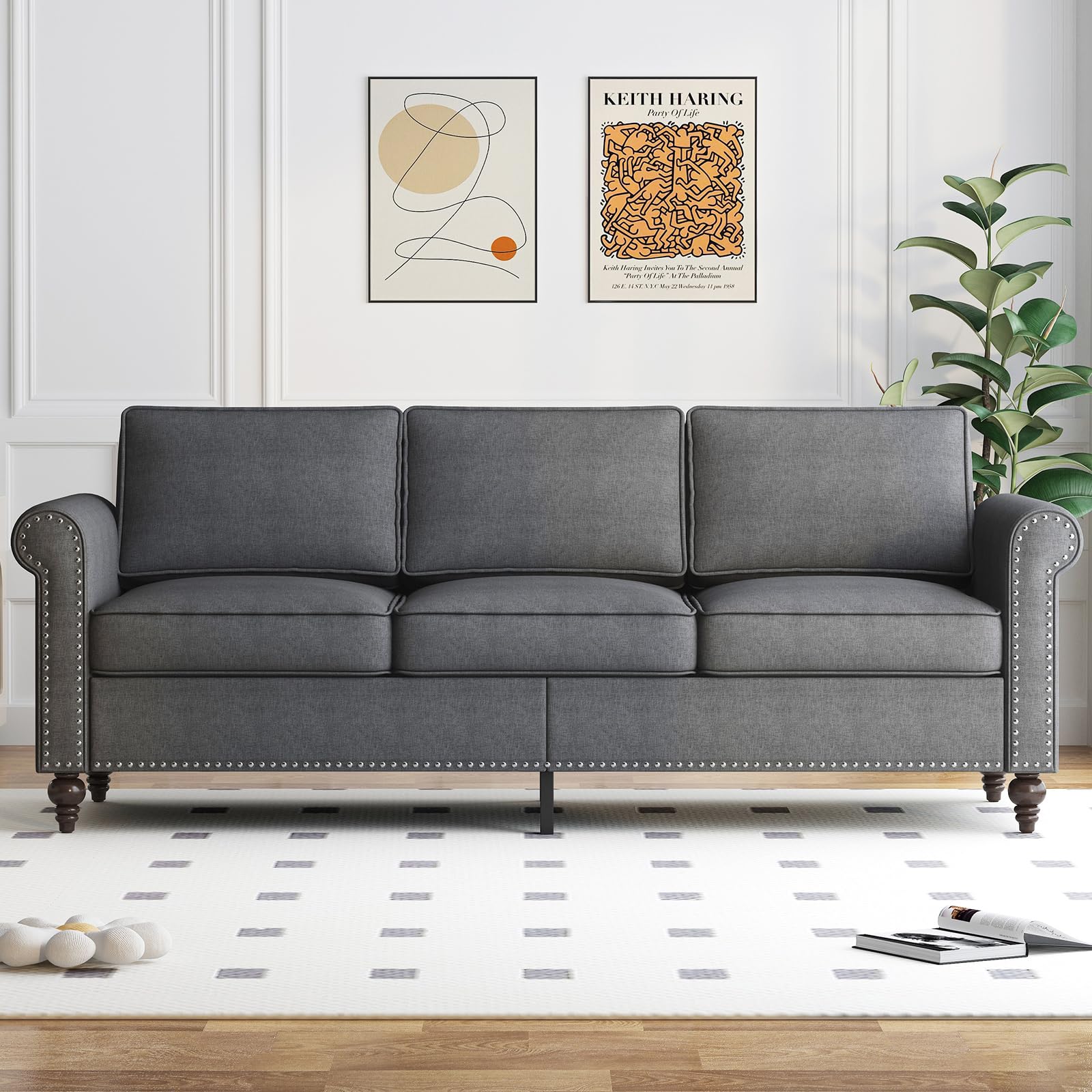 ZAFLY Sofa Couch, 3 Seat Couches for Living Room, 3 Sofa Seat for Small Spaces, Mid Century Modern Couch with Armrest and Backrest, Soft Cushion Sofa for Home/Office/Apartment - Dark Grey