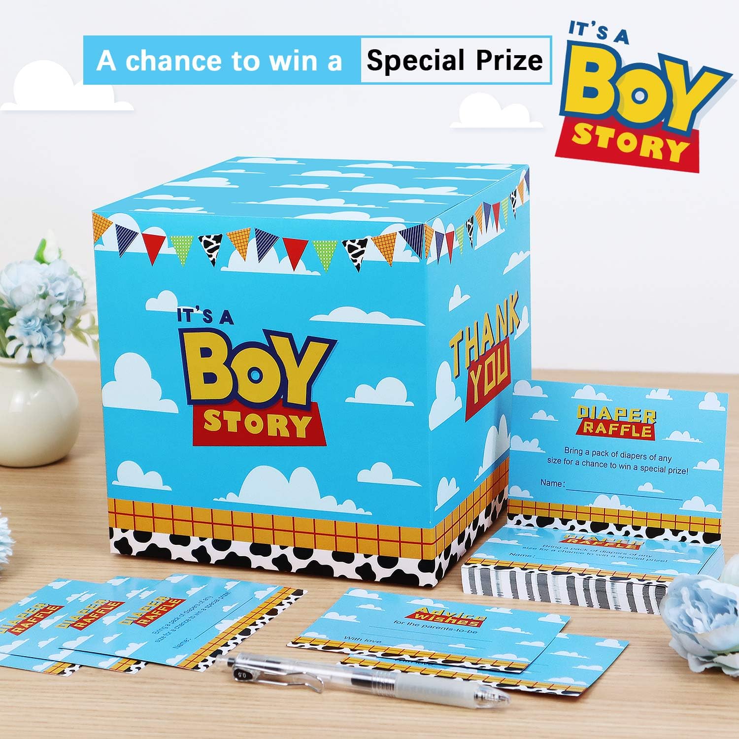 Heboland Cartoon Toy Baby Shower Decorations Diaper Raffle Box with 50 Tickets Cards,It's A Boy Story Baby Shower Theme Game