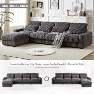 BUIORD 128" Oversized Modular Corduroy Sofa,L-Shaped Upholstered Sofa with Ottoman&Cup Holders,4-Seater Convertible Sofa with Charge Port&Waist Pillows&Back Cushion for Living Room (Grey)