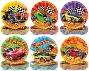 justforjoyful 60pcs hot car birthday party supplies colorful racing cars plates race car tableware party decorations for kids boys baby shower hot car wild racer dinnerware party favors for 60 guest