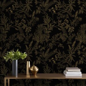 eeecoming peel and stick wallpaper black and gold floral wallpaper gold floral contact paper removable self adhesive wallpaper for wall cabinets vinyl roll 78.7"x17.3"