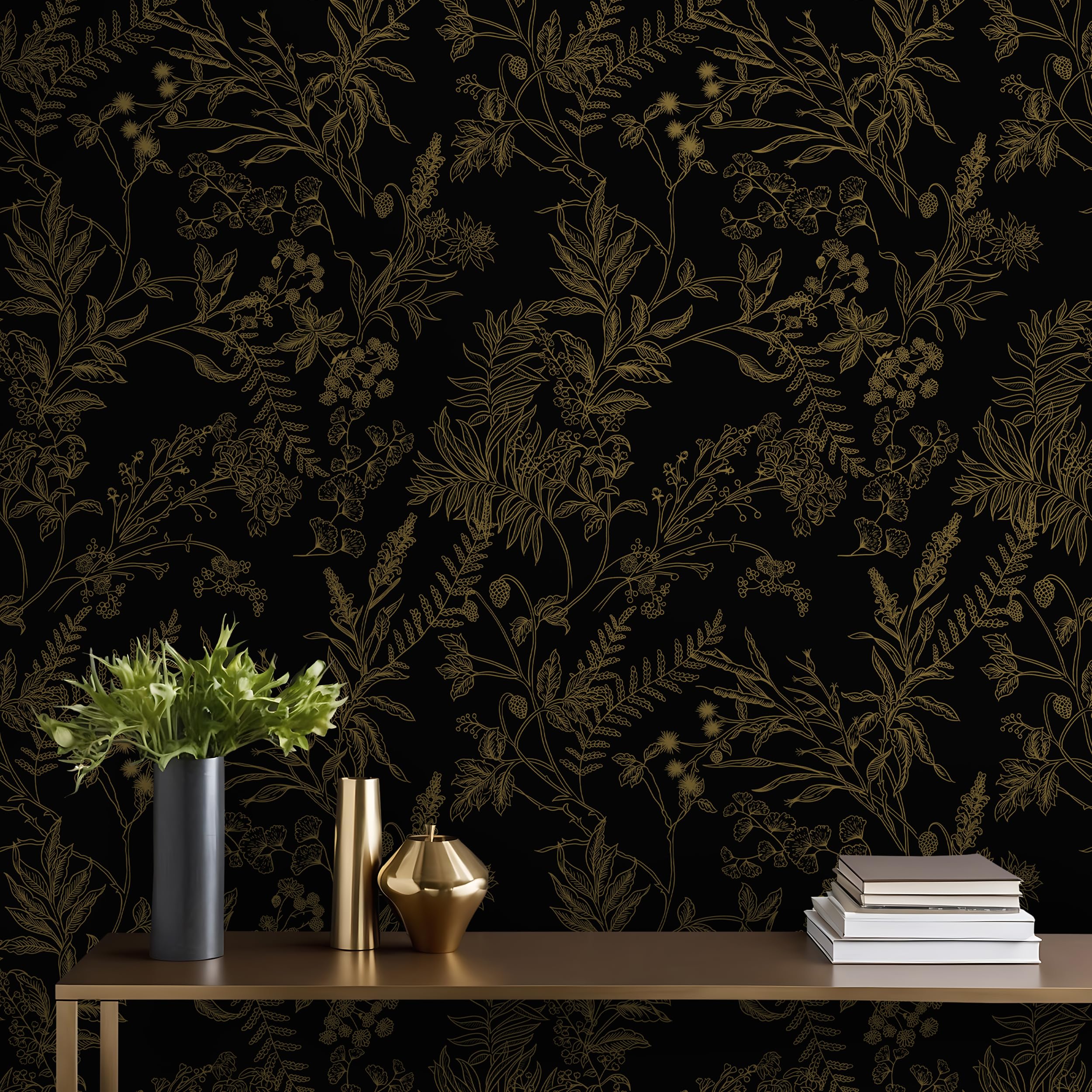 EeeComing Peel and Stick Wallpaper Black and Gold Floral Wallpaper Gold Floral Contact Paper Removable Self Adhesive Wallpaper for Wall Cabinets Vinyl Roll 78.7"x17.3"