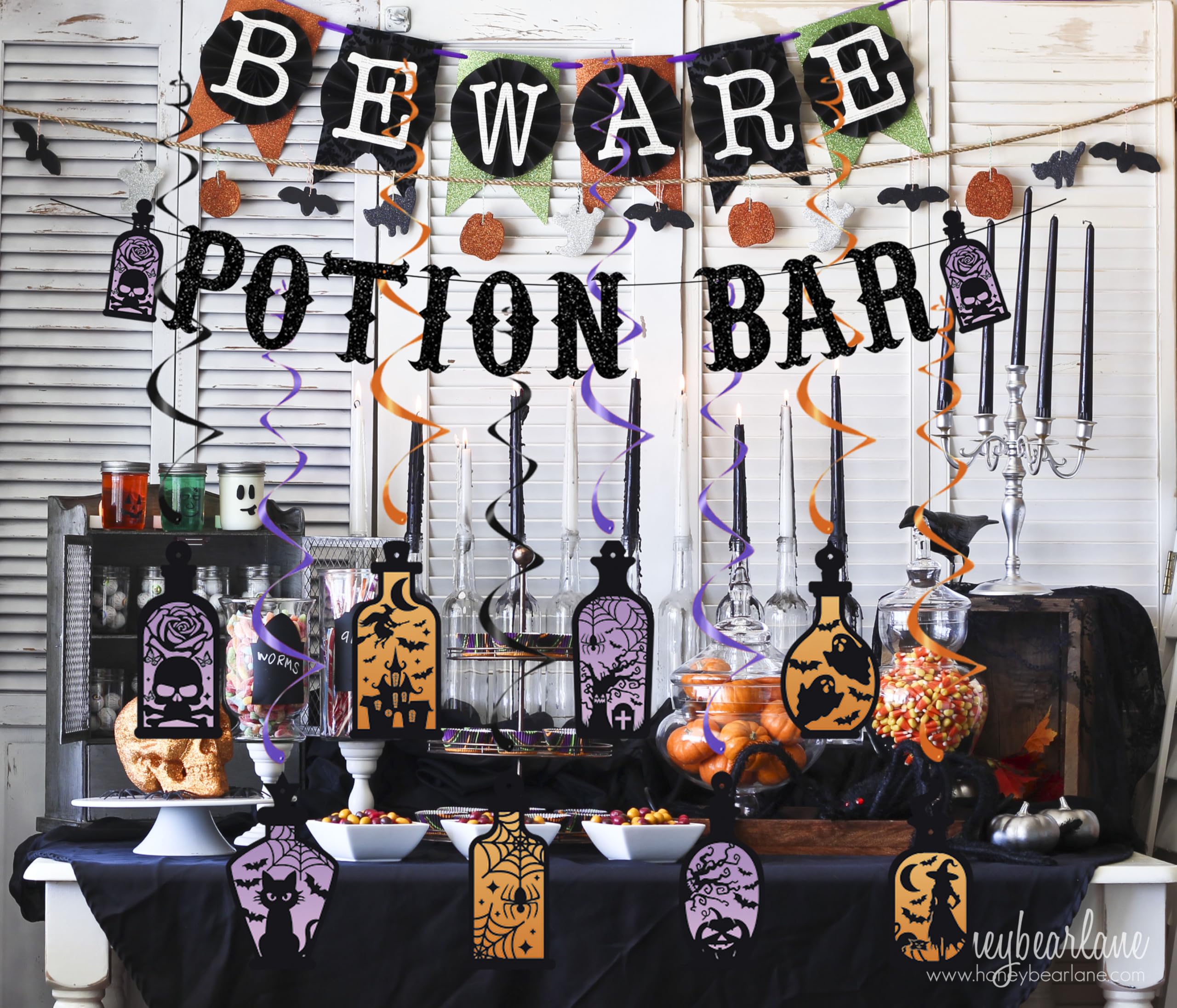 Pre-Strung Potion Bar Banner for Halloween Party Decorations with Potion Bar Hanging Swirls, Halloween Party Banner, Halloween Bar Sign Decorations for Mantel, Halloween Haunted Mansion Decorations