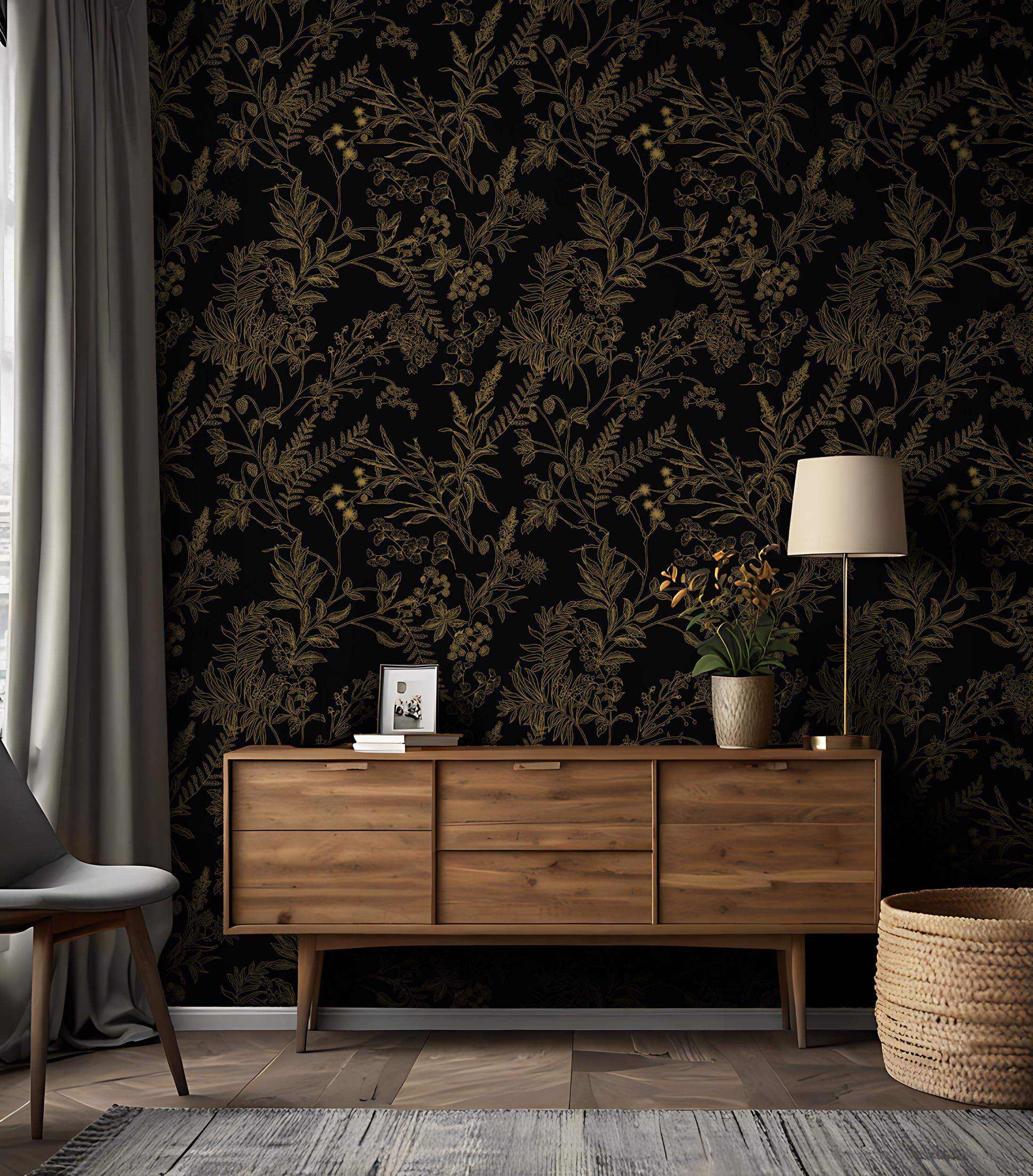 EeeComing Peel and Stick Wallpaper Black and Gold Floral Wallpaper Gold Floral Contact Paper Removable Self Adhesive Wallpaper for Wall Cabinets Vinyl Roll 78.7"x17.3"