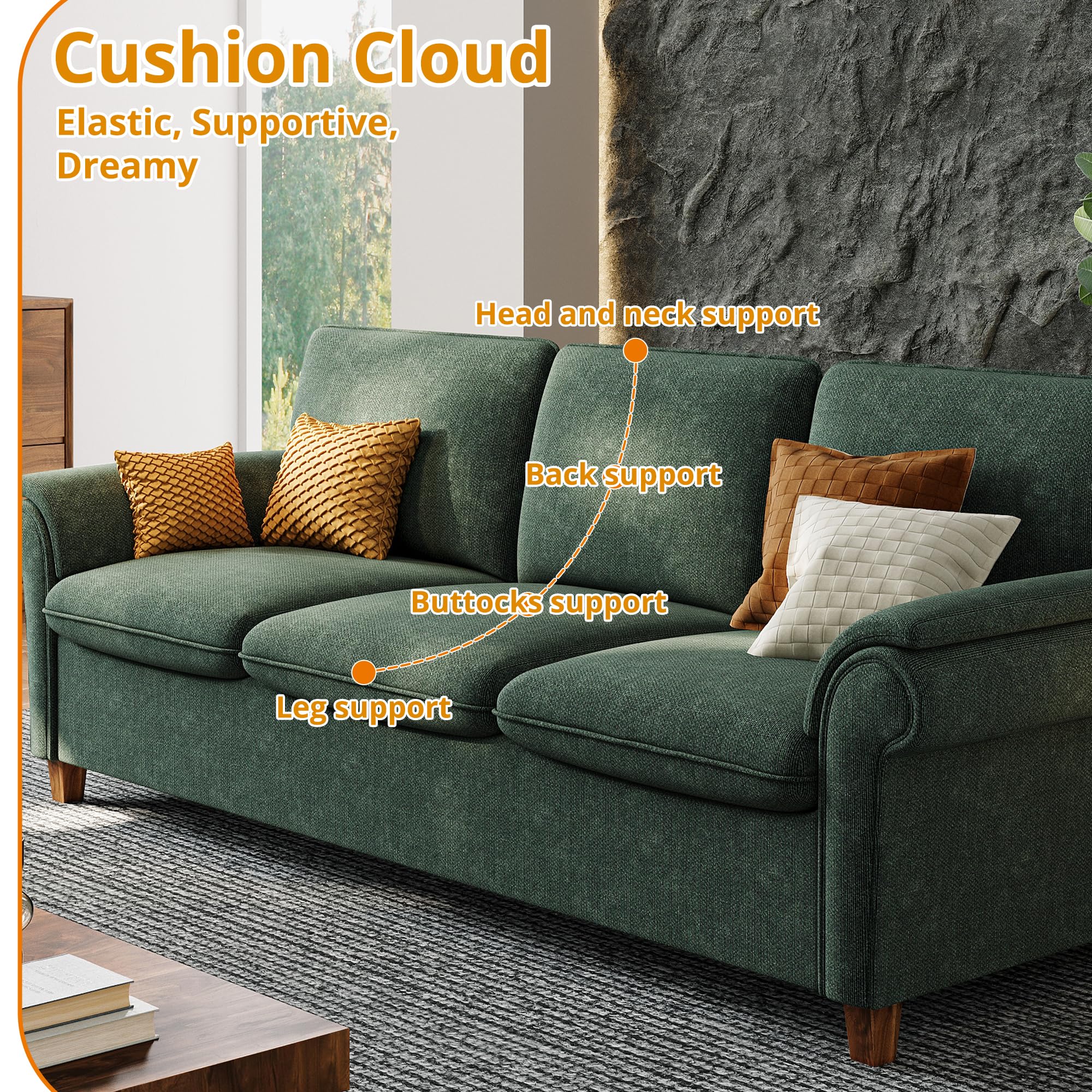 LIKIMIO Sofa 89 Inch, Comfy Sofa Couch with USP Port, Extra Deep Seats Modern 3 Seater Sofa, Couch for Living Room Apartment Lounge, Green Chenille