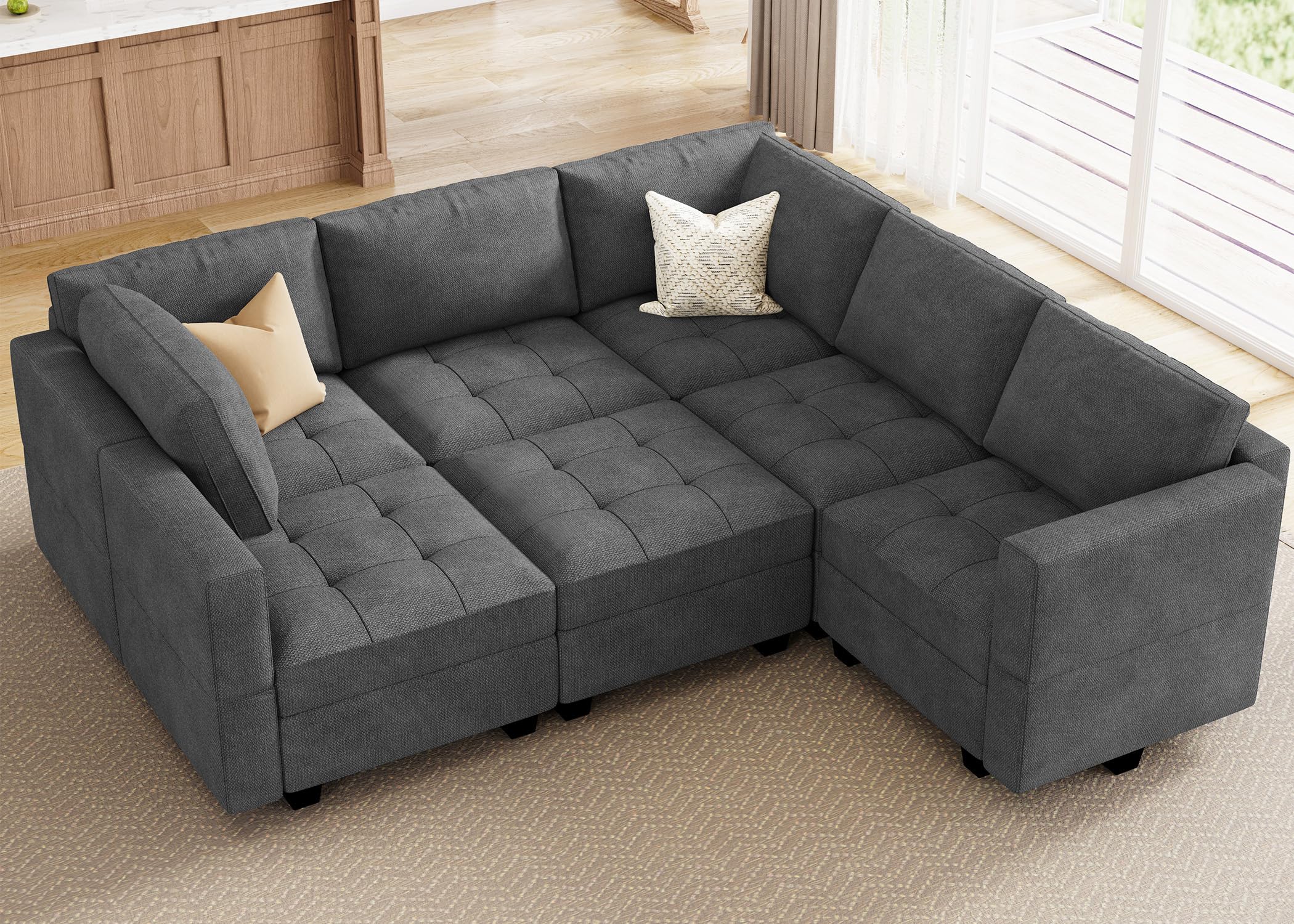 HONBAY Modular Sleeper Sectional Sofa Sectional Sleeper Couch with Storage Ottoman Reversible Modular Sofa for Living Room Dark Grey