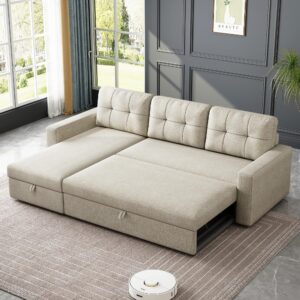 yopto 81.5" sectional sleeper sofa with storage chaise, l shaped pull out couch bed with 3 removable back cushion for living room, apartment,office,beige