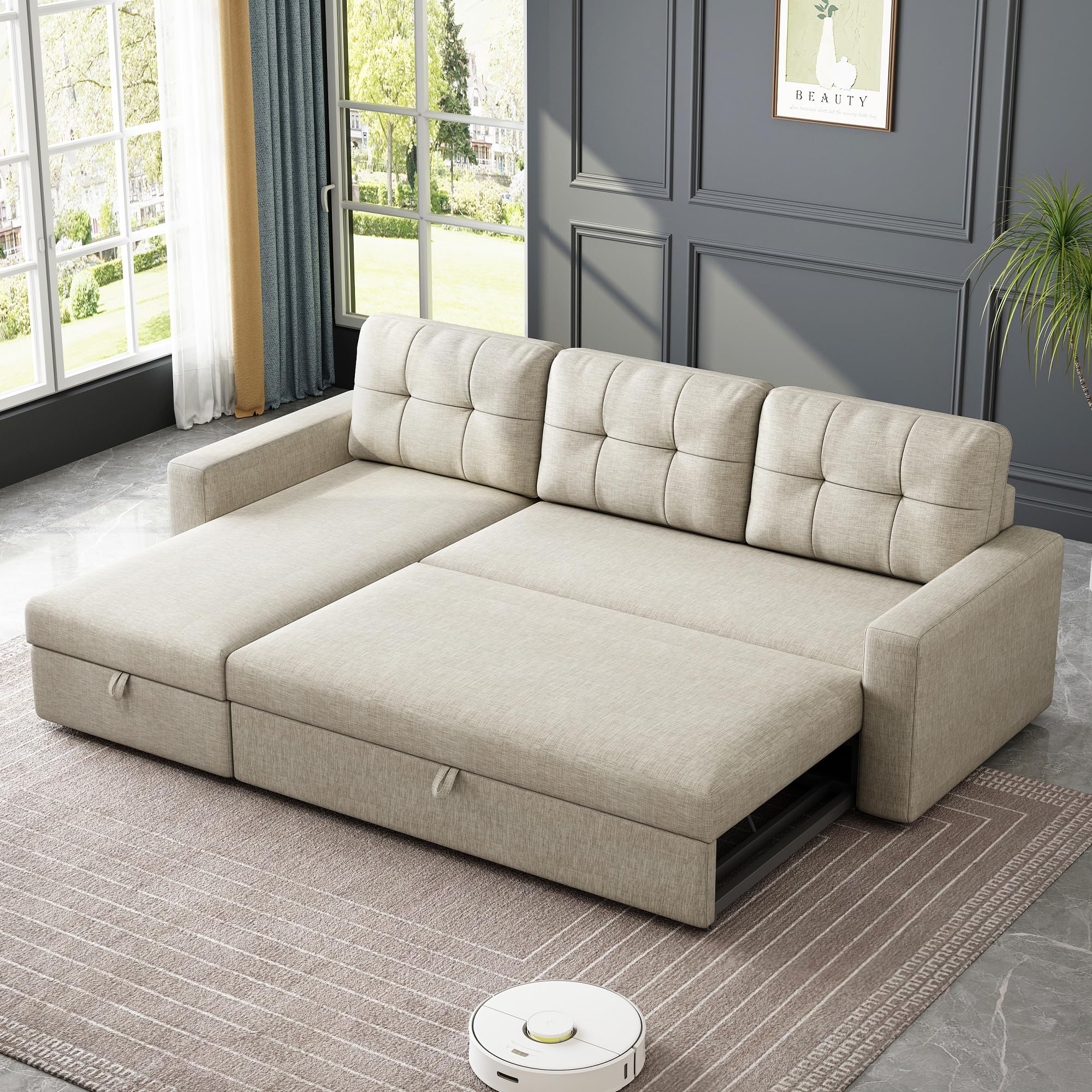 YOPTO 81.5" Sectional Sleeper Sofa with Storage Chaise, L Shaped Pull Out Couch Bed with 3 Removable Back Cushion for Living Room, Apartment,Office,Beige