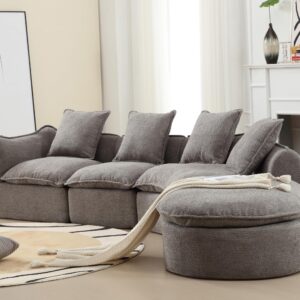 Haplized 137.8” Curved Boucle Sofa Couch, Modern Sectional Sofa Cloud Deep Seat Couch with 4 Pillows, Comfy Modular 5-Seat Couches for Living Room Apartment (Grey)