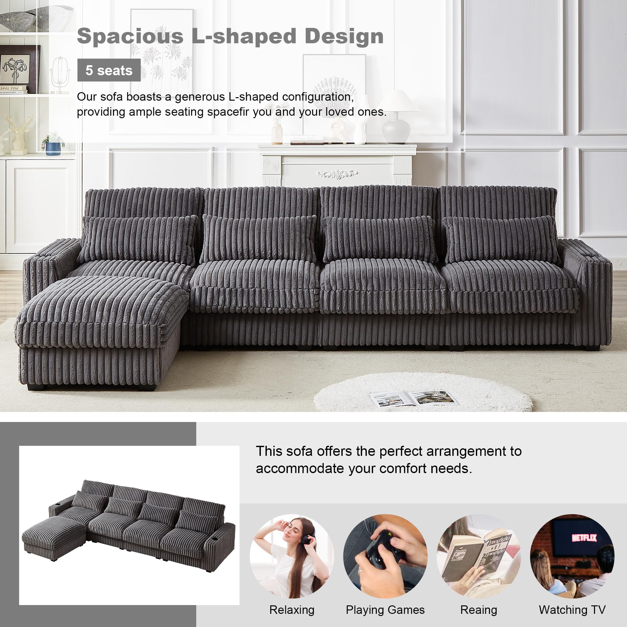 BUIORD 128" Oversized Modular Corduroy Sofa,L-Shaped Upholstered Sofa with Ottoman&Cup Holders,4-Seater Convertible Sofa with Charge Port&Waist Pillows&Back Cushion for Living Room (Grey)