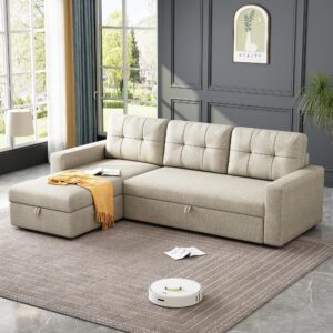 YOPTO 81.5" Sectional Sleeper Sofa with Storage Chaise, L Shaped Pull Out Couch Bed with 3 Removable Back Cushion for Living Room, Apartment,Office,Beige