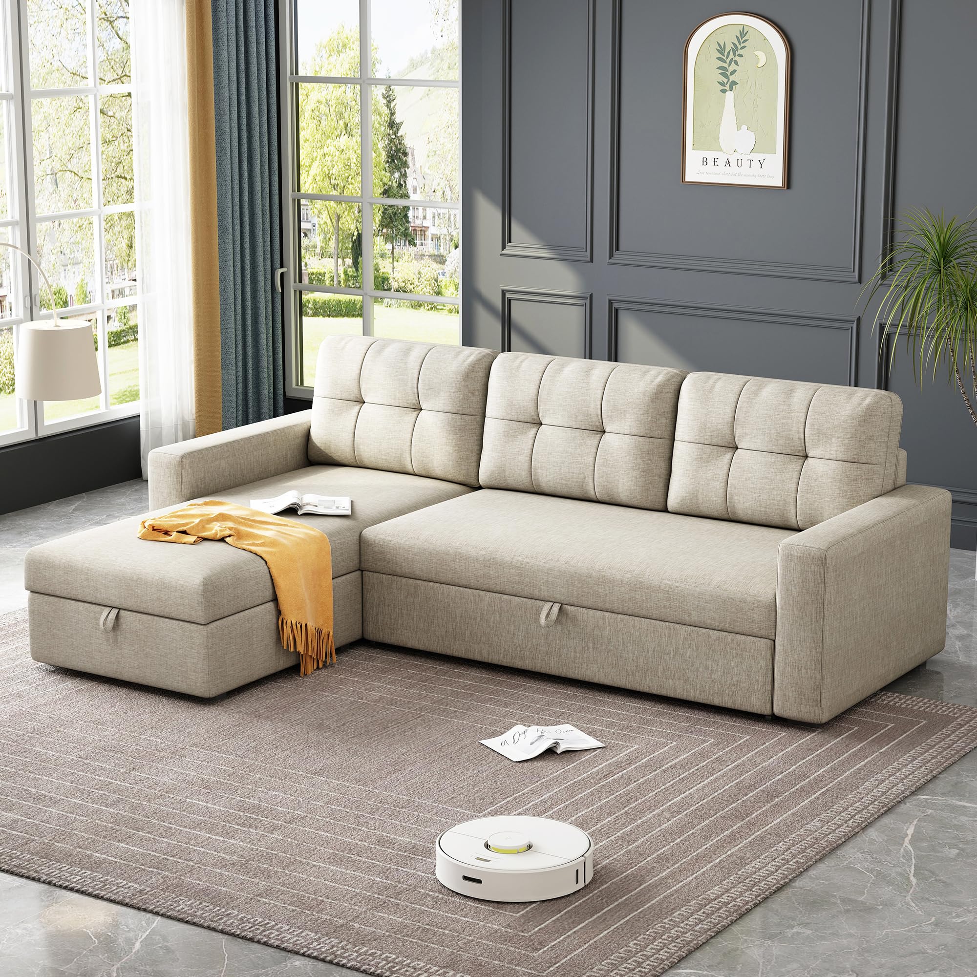 YOPTO 81.5" Sectional Sleeper Sofa with Storage Chaise, L Shaped Pull Out Couch Bed with 3 Removable Back Cushion for Living Room, Apartment,Office,Beige