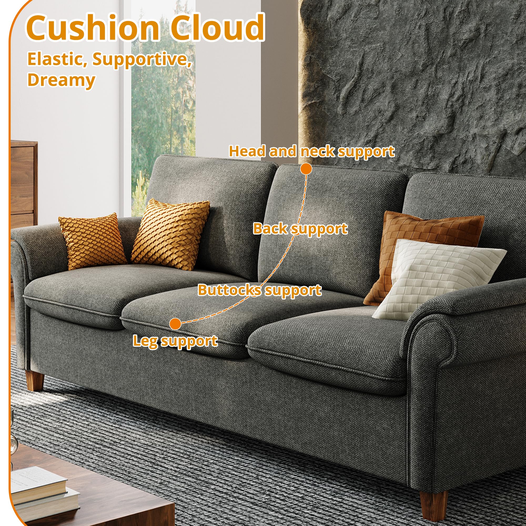 LIKIMIO Sofa 89 Inch, Comfy Sofa Couch with USP Port, Extra Deep Seats Modern 3 Seater Sofa, Couch for Living Room Apartment Lounge, Gray Chenille