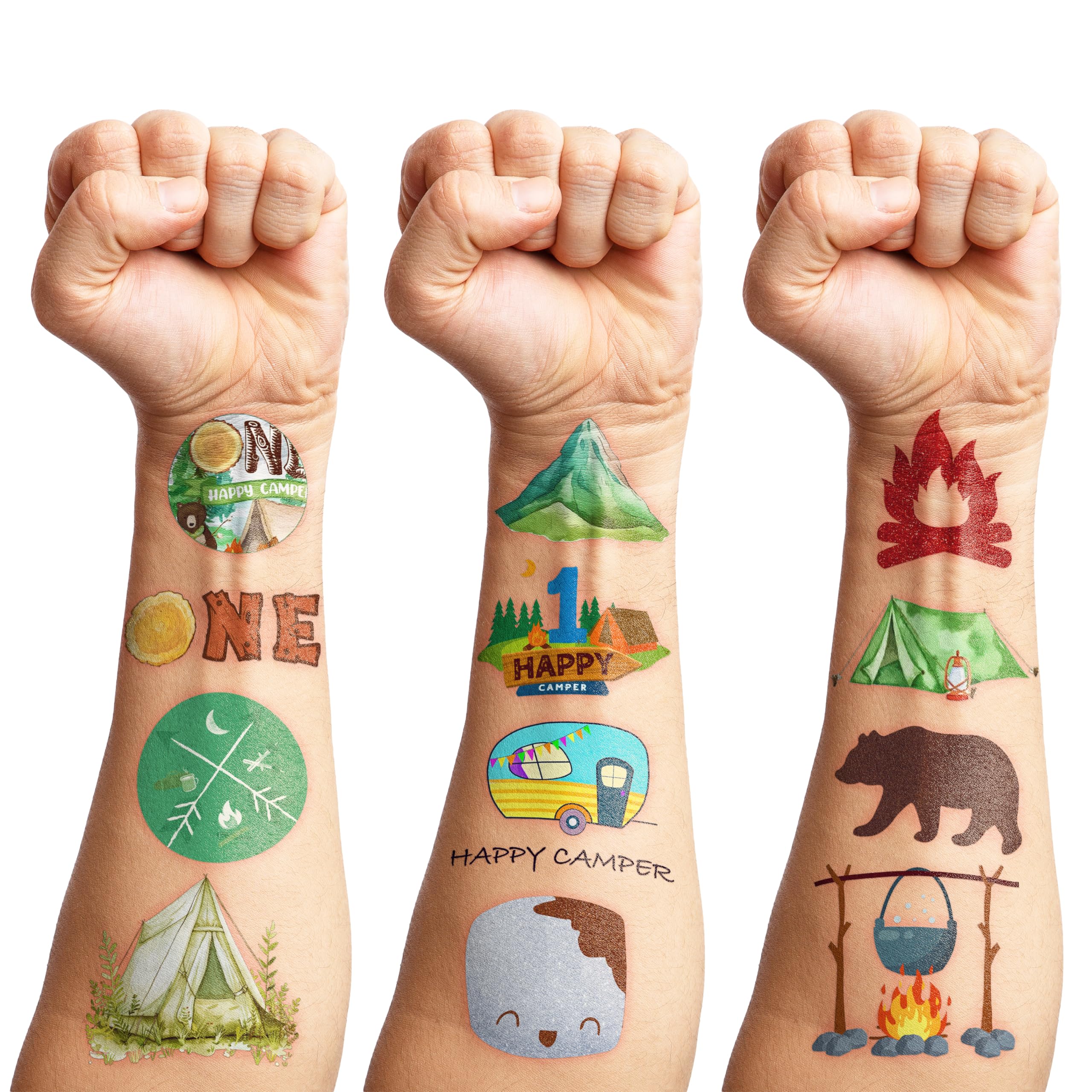 Cute Camper Temporary Tattoos Camping First Birthday Party Decorations Favors Supplies 1st Themed Stickers 10 Sheets 100 PCS Gifts for Baby Kids Girls Boys Decor Class School Carnival Christmas