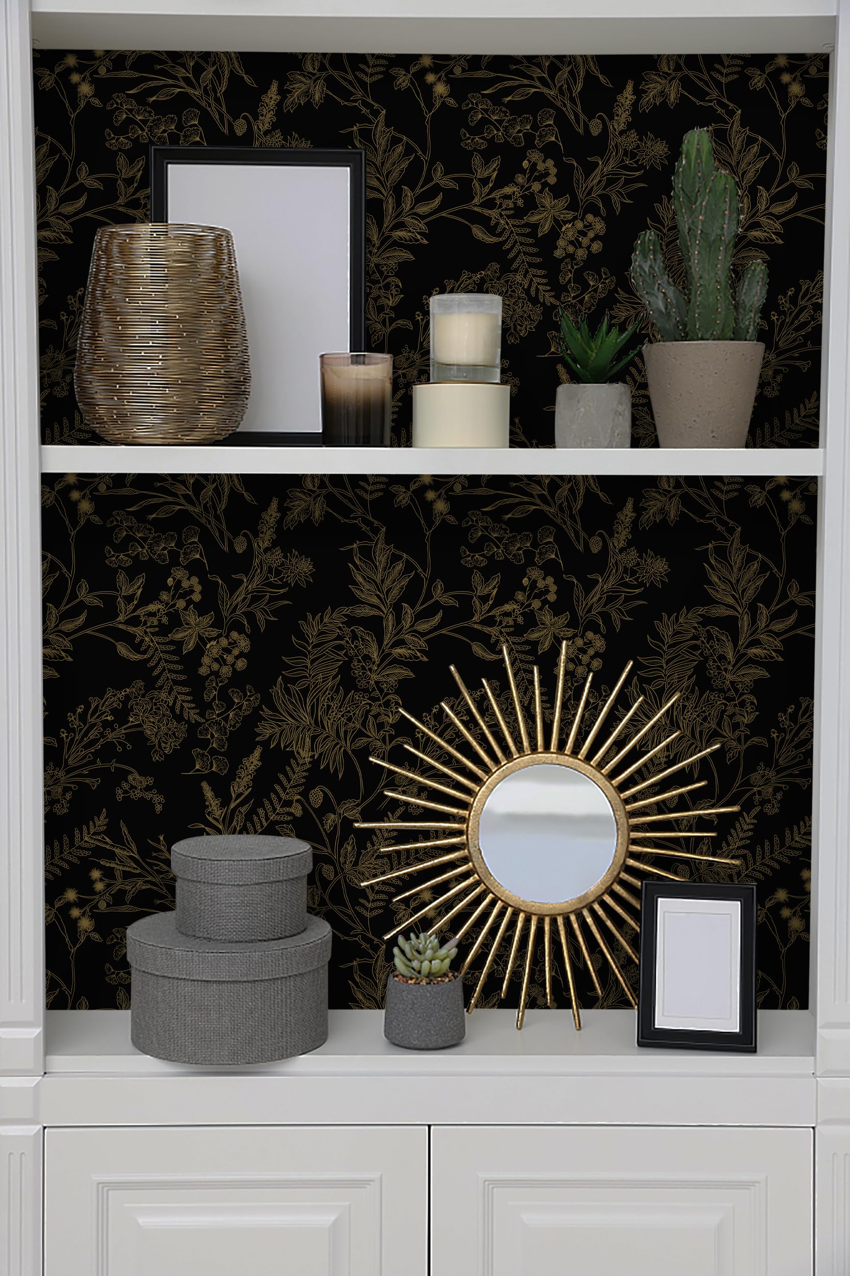 EeeComing Peel and Stick Wallpaper Black and Gold Floral Wallpaper Gold Floral Contact Paper Removable Self Adhesive Wallpaper for Wall Cabinets Vinyl Roll 78.7"x17.3"