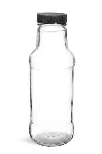 10 oz Glass Bottles, Clear Glass Beverage Bottles w/Black Ribbed PE Lined Caps