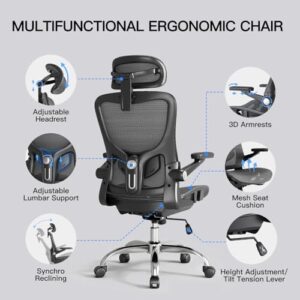 Ergonomic Office Chair, Mesh Office Chair with Rocking Function,Ergonomic Chair with 3D Headrest, 3D Armrests, and Adjustable Lumbar Support,SGS Class 4 Gas Clylinder 300 Lbs Capacity