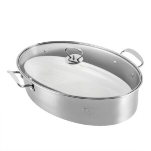 stainless steel roasting pan with lid, kitchen oval roasting pan, 15 inch steel baking tray lid & rack, steaming rack, even heat distribution, for turkey, chicken, stews, & more