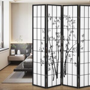 Athena Collection 4 Panel Room Dividers Bamboo Printing Privacy Screen, 5.9ft Japanese Folding Partition Room Divider Portable Freestanding Wood Room Separation Wall for Bedroom Home Office, Black