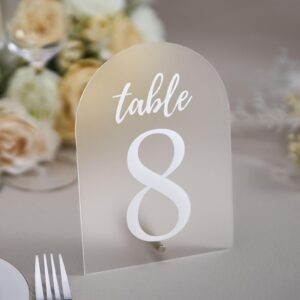 frosted arch table numbers for wedding reception with matel stands 1-15,5''x7'' inch frosted arch acrylic sign with white letters for reception, party, anniversary, event