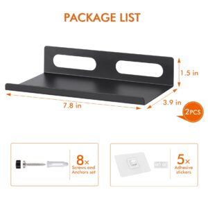 LIGHT DUST Adhesive Small Shelf for Wall - No Drill Black Metal Shelves with Lip Set of 2 Narrow Short Size - Wall Mount Storage Floating Display Rack for Kitchen Bathroom Dorm Apartment Office