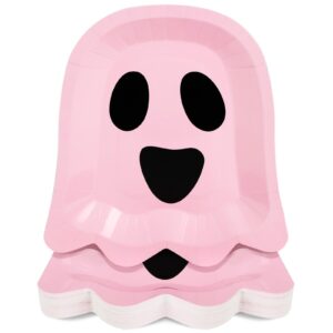 twowyhi 50pcs halloween pink ghost paper plates disposable pink ghost shaped dessert dinner plates for halloween themed party 9.4 x 8.2 inch