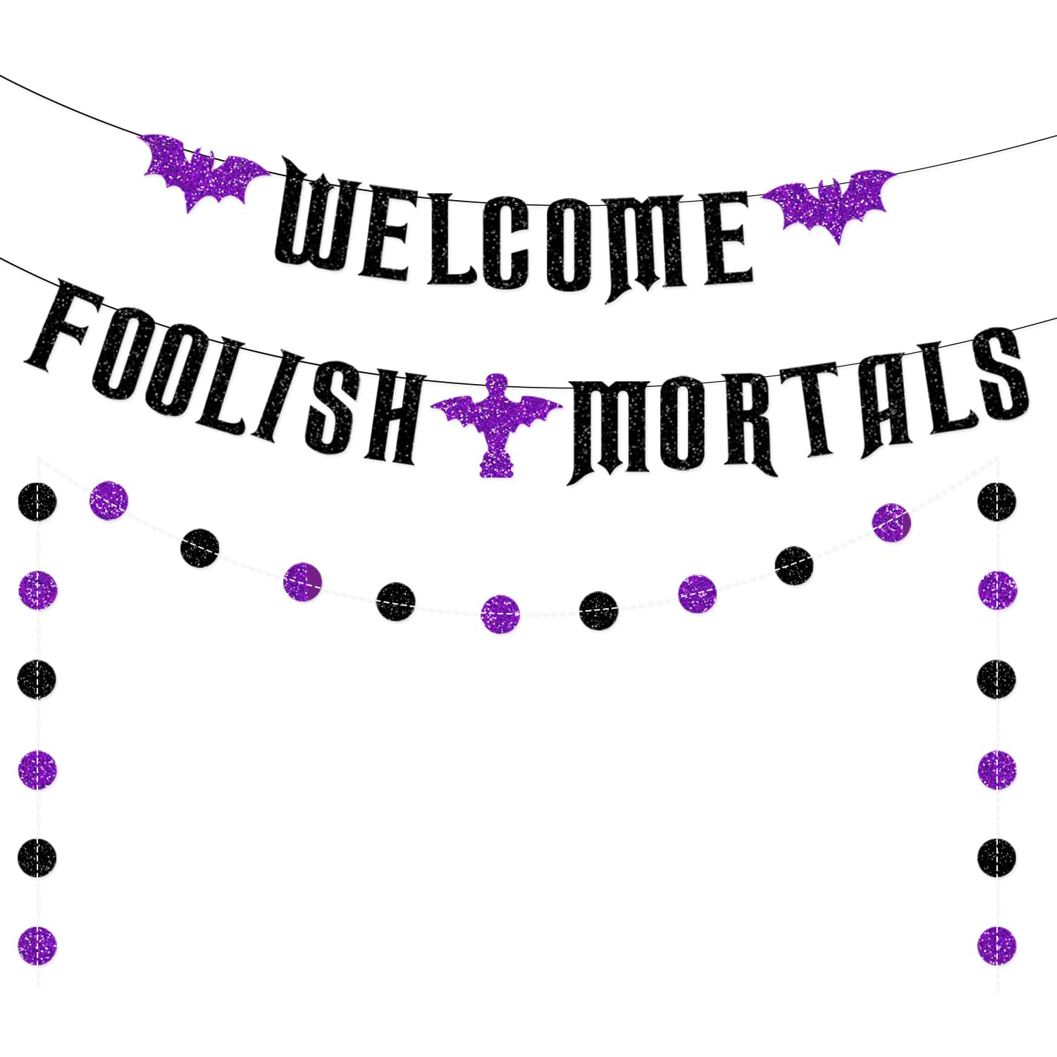 Welcome Foolish Mortals Halloween Banner for Halloween Haunted Mansion Decorations, Welcome Foolish Mortals Doormat Sign, Halloween Haunted Mansion Banner with Bat for Halloween Mantel Fireplace