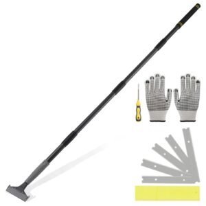 floor scraper long handle, heavy duty floor scraper tool 16-63" made of stainless steel stronger with 5pcs extra 4inch razor blade scraper tool is oil stains rust removal wallpaper cleaning tools.