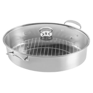 Stainless Steel Roasting Pan With Lid, Kitchen Oval Roasting Pan, 15 Inch Steel Baking Tray Lid & Rack, Steaming Rack, Even Heat Distribution, for Turkey, Chicken, Stews, & More