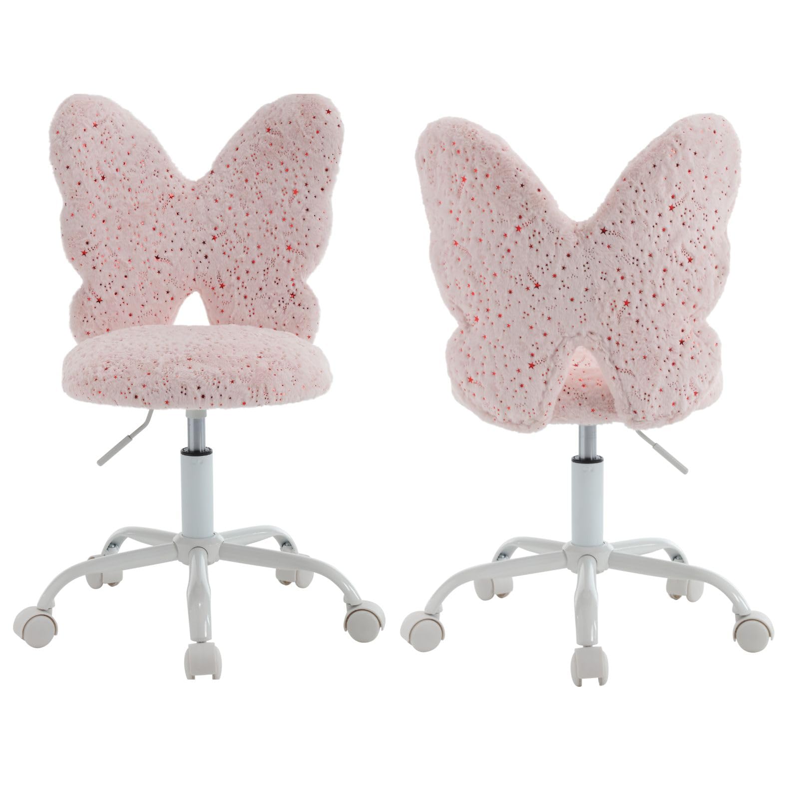 DAYALANE Butterfly Kids Desk Chair with Wheels, Faux Fur Study Chair for Girls, Adjustable Cute Kids Chair Swivel Upholstered Task Chair Rolling Desk Chair for Bedroom/Reading, Pink