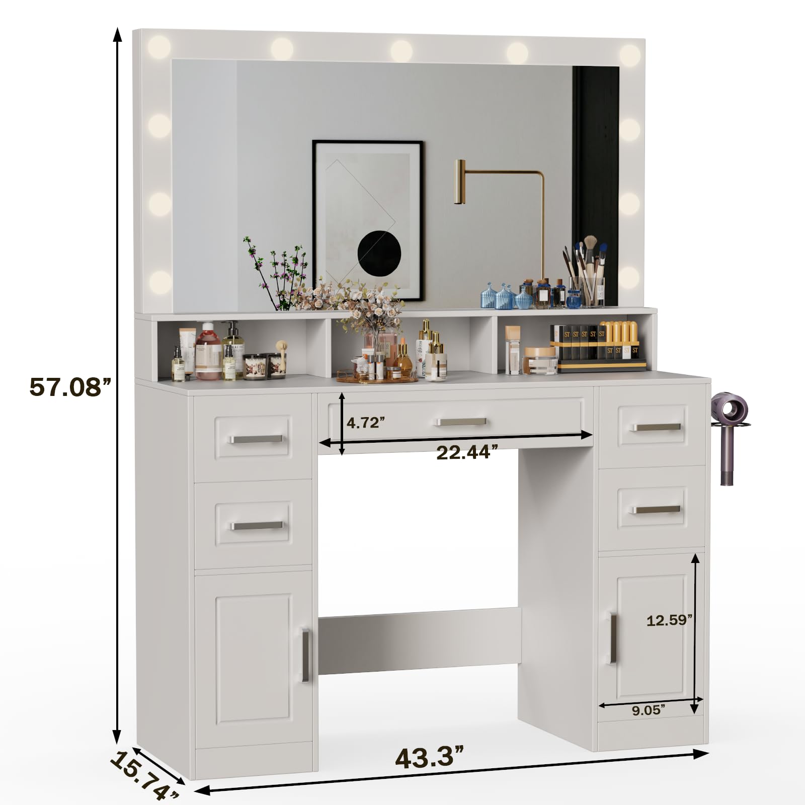 ISHARINGTIME 43.3" Vanity Desk with Large Lighted Mirror, Makeup Vanity with 5 Drawers & Power Outlet, 11 Lights, 3 Color Lighting Modes Adjustable Brightness, Dressing Table for Bedroom, White