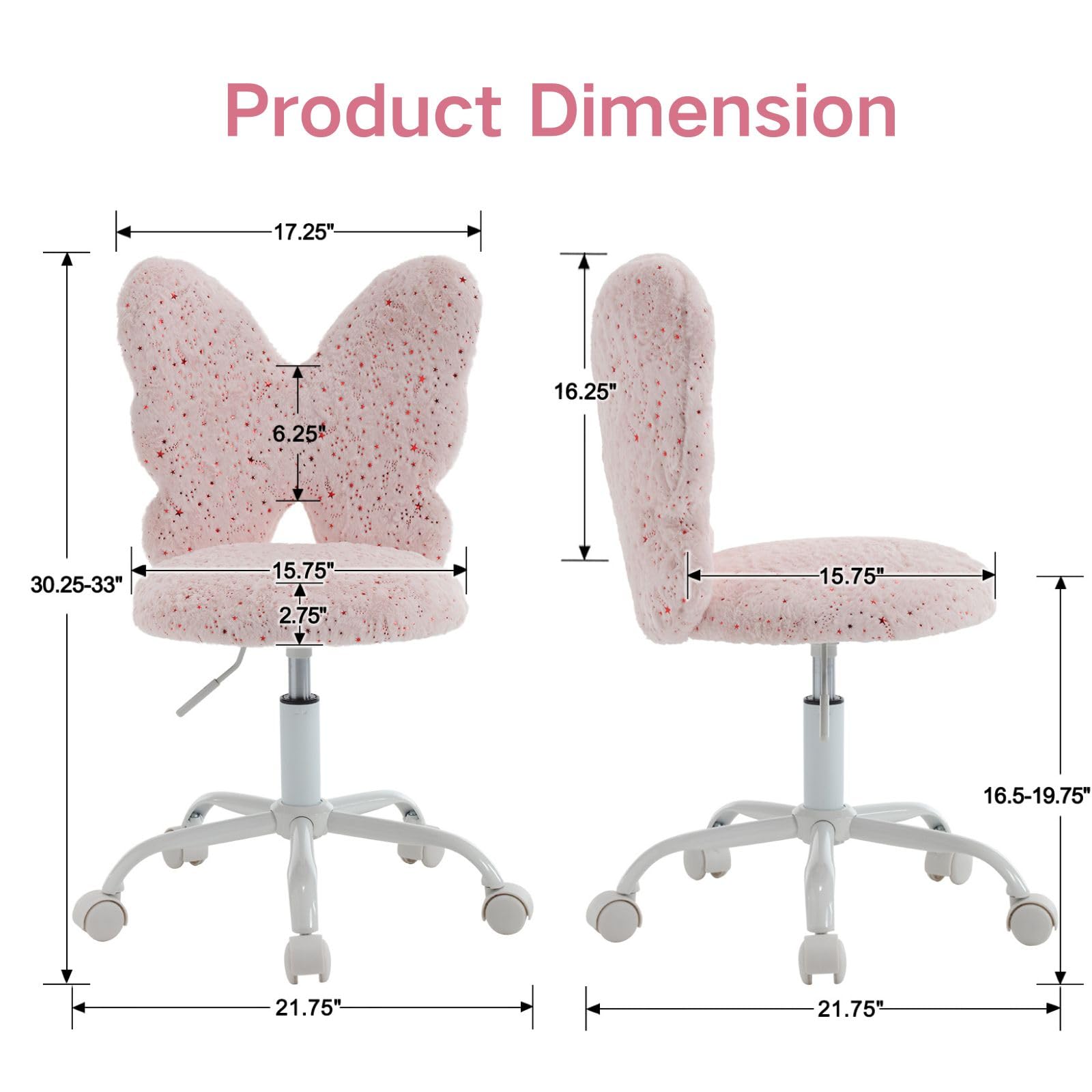 DAYALANE Butterfly Kids Desk Chair with Wheels, Faux Fur Study Chair for Girls, Adjustable Cute Kids Chair Swivel Upholstered Task Chair Rolling Desk Chair for Bedroom/Reading, Pink