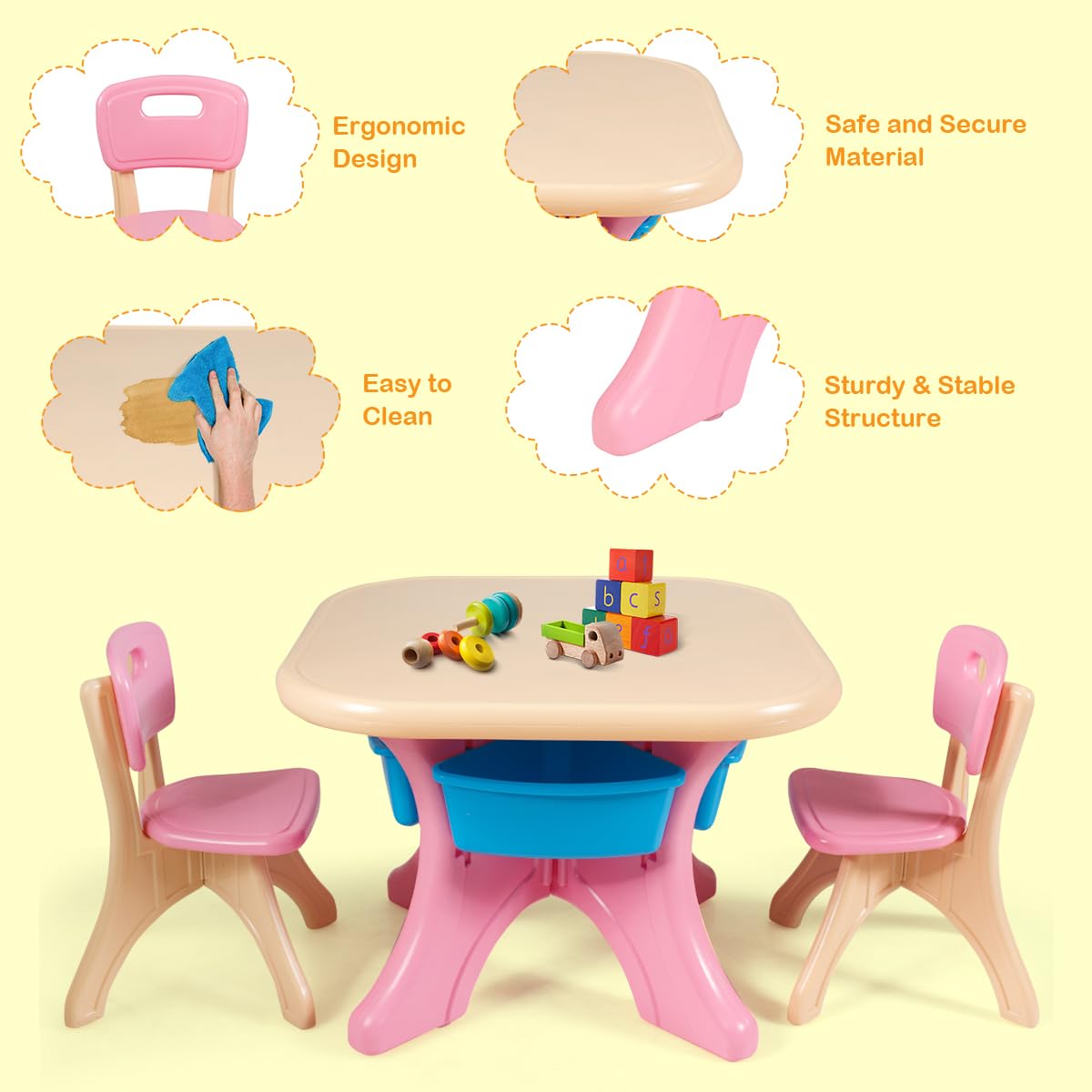 GLACER Toddler Table and Chair Set - 3 Pieces Toddler Table with 4 Storage Bins, Kids Table and Chairs Ages 3-7, Kids Table and Chairs for Reading, Drawing, Playroom, Snack Time…