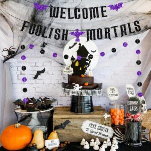 Welcome Foolish Mortals Halloween Banner for Halloween Haunted Mansion Decorations, Welcome Foolish Mortals Doormat Sign, Halloween Haunted Mansion Banner with Bat for Halloween Mantel Fireplace