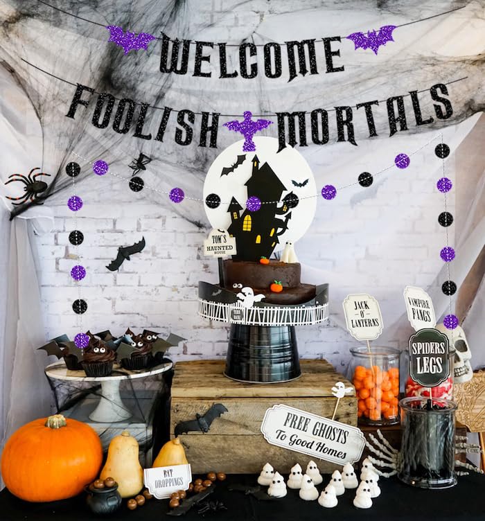 Welcome Foolish Mortals Halloween Banner for Halloween Haunted Mansion Decorations, Welcome Foolish Mortals Doormat Sign, Halloween Haunted Mansion Banner with Bat for Halloween Mantel Fireplace