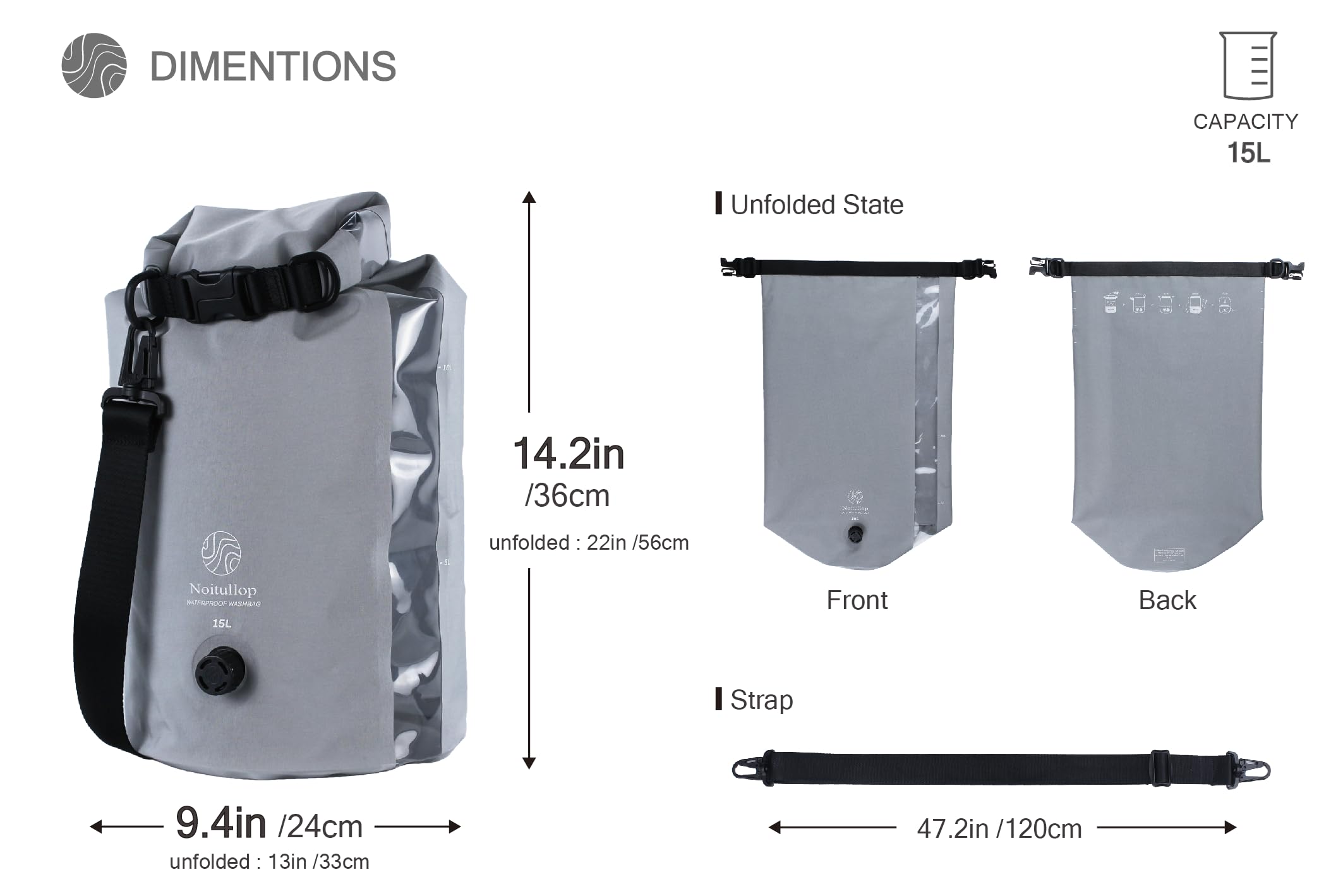 Noitullop Washbag Portable Washing Machine - 15L Fully Waterproof Dry Bag - Lightweight Compact Nylon Washing Machine - Portable Manual Clothes Washer Laundry Bag (Gray)