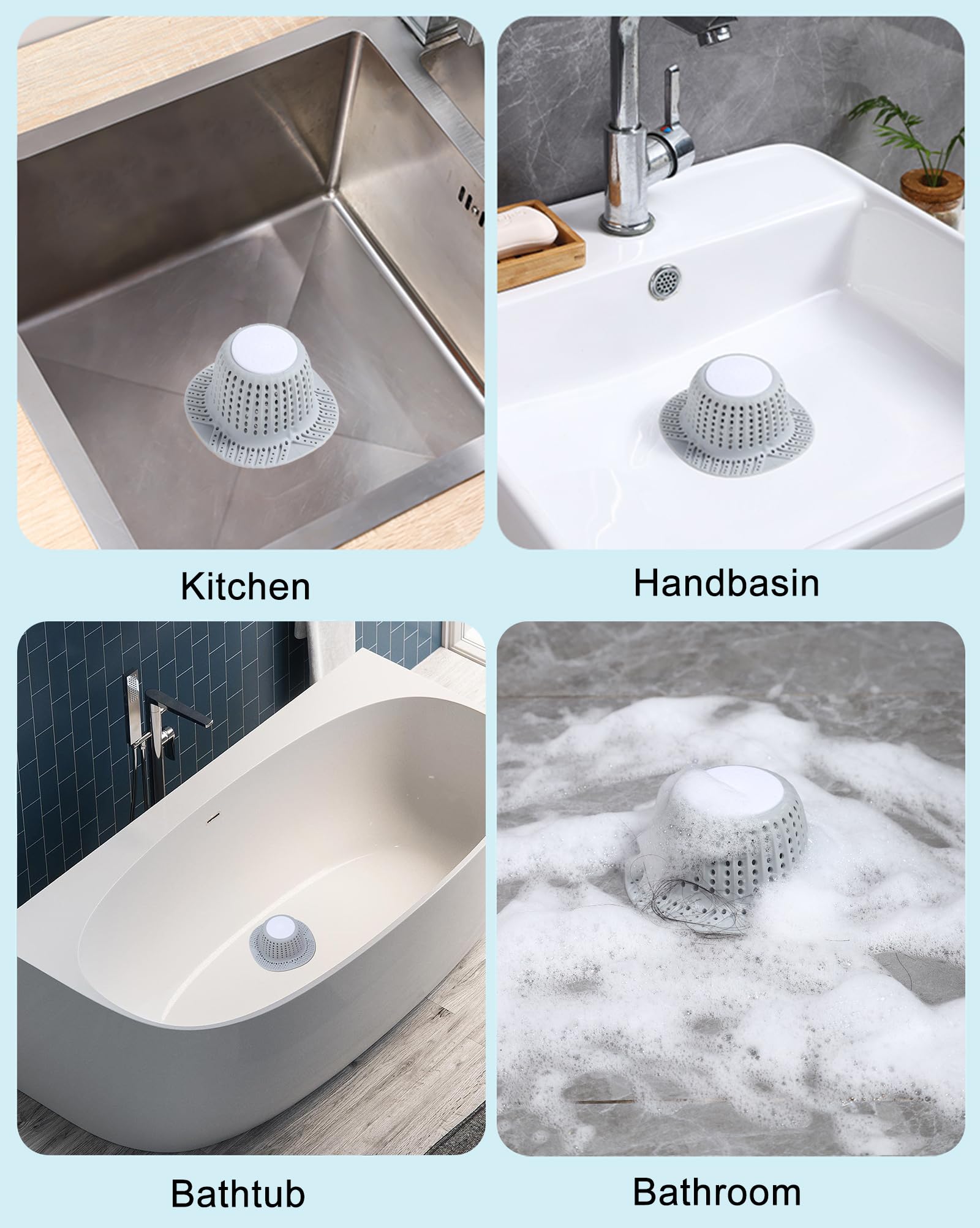 Bathtub Drain Hair Catcher,Bathtub Drain Cover,Silicone Collapsible Bathtub Drain Protector for Pop-Up Stoppers & Regular Drains of Shower, Bathtub, Bathroom,Kitchen,handbasin, Sink (Grey 2Pack)