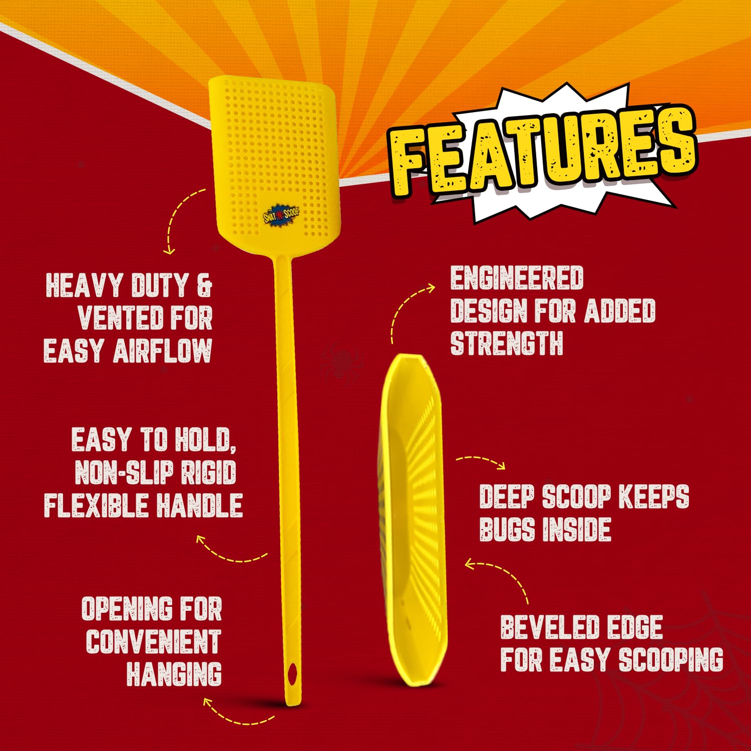 Swat-N-Scoop, Heavy Duty Fly Swatter and Spider Catcher and Release. Insect Fly Catchers for Inside Home. House Fly Swatter or Humane Bug Catcher with Built in Insect Scoop. (3pk, Yellow)