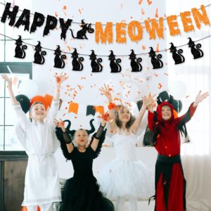 JKQ Black Orange Glittery Happy Meoween Banner with Spooky Black Cat Signs Halloween Witch Cats Banner Halloween Haunted House Party Fireplace Mantle Decorations Supplies