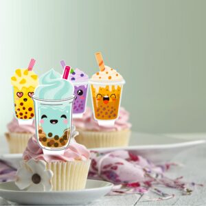 Bubble Tea Cupcake Toppers 48Pcs Boba Tea Themed Birthday Party Decorations Bubble Milk Tea Cake Cupcake Topper Decorations for Pearl Milk Tea Theme Birthday Baby Shower Party Supplies