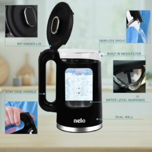 NELO Electric Kettle with Keep Warm Function, Sleek Glass Window Double Wall Design, LED Indicator Lights, Black Tea Kettle & Hot Water Boiler with Auto Shut-Off, 360° Base, BPA-Free, 1.7 Liters