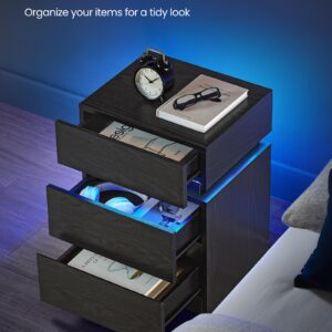 VASAGLE Nightstands with LED Lights, Set of 2, Adjustable Light Colors, Bedside Tables, Side Tables with 3 Drawers, Modern Style, 13.8 x 15.7 x 21.7 Inches, Ebony Black ULET799T58