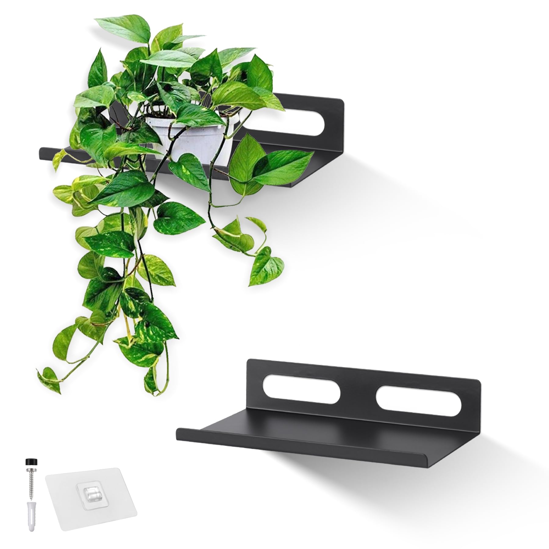 LIGHT DUST Adhesive Small Shelf for Wall - No Drill Black Metal Shelves with Lip Set of 2 Narrow Short Size - Wall Mount Storage Floating Display Rack for Kitchen Bathroom Dorm Apartment Office