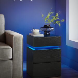 VASAGLE Nightstands with LED Lights, Set of 2, Adjustable Light Colors, Bedside Tables, Side Tables with 3 Drawers, Modern Style, 13.8 x 15.7 x 21.7 Inches, Ebony Black ULET799T58