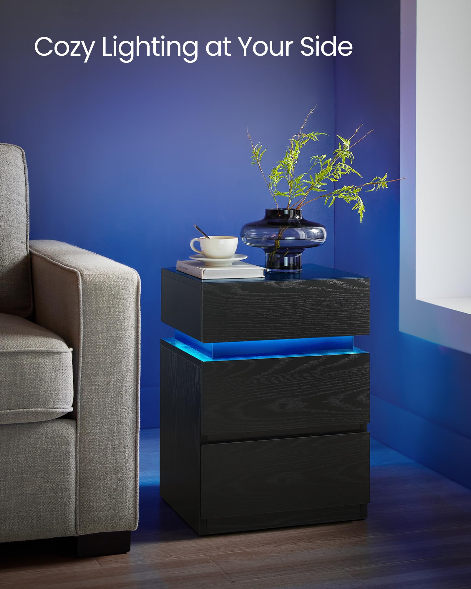 VASAGLE Nightstands with LED Lights, Set of 2, Adjustable Light Colors, Bedside Tables, Side Tables with 3 Drawers, Modern Style, 13.8 x 15.7 x 21.7 Inches, Ebony Black ULET799T58