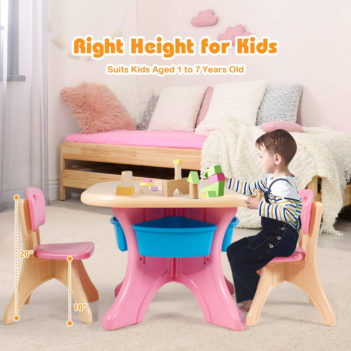 GLACER Toddler Table and Chair Set - 3 Pieces Toddler Table with 4 Storage Bins, Kids Table and Chairs Ages 3-7, Kids Table and Chairs for Reading, Drawing, Playroom, Snack Time…