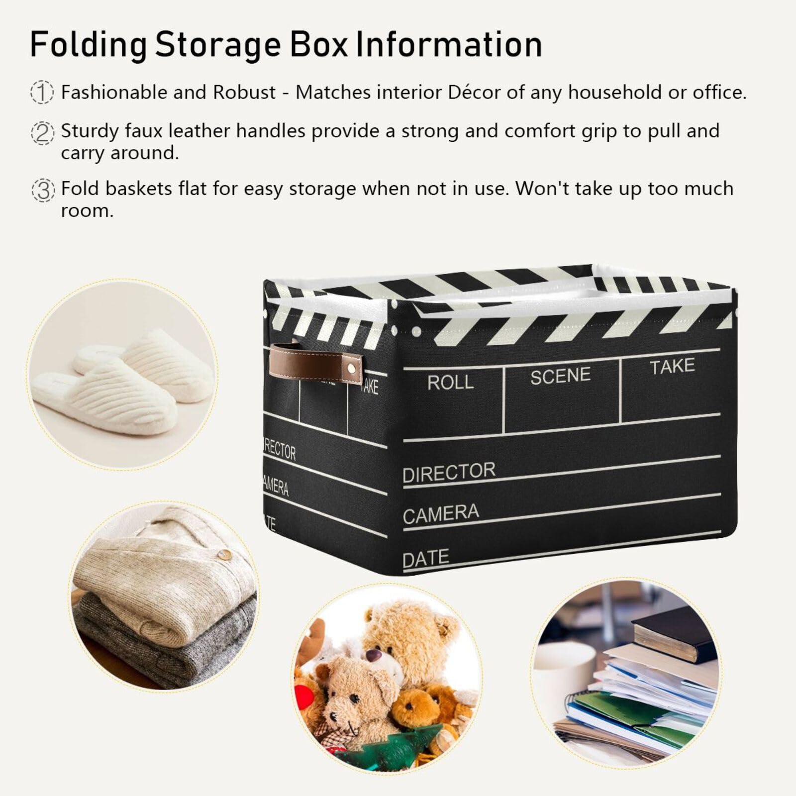 ALAZA Cinema Movie Clapboard Large Storage Basket for Organizing Foldable Storage Bin for Shelves Home with Handles 1 Pack