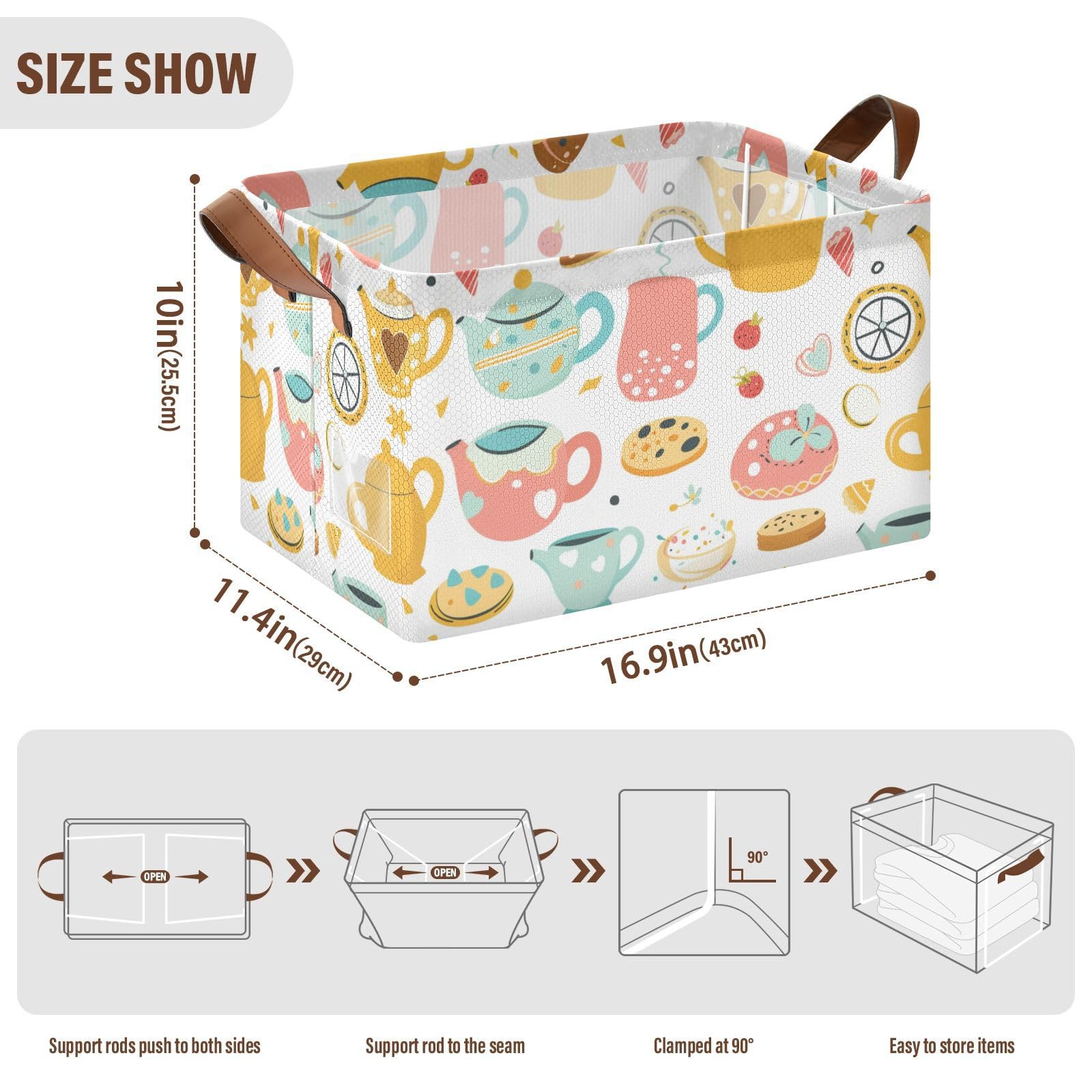 SPRIPORT Bread Teapot Cookies Foldable Storage Cube for Shelves Fabric Storage Bin with Metal Frame & Double Handles Large Storage Basket for Organizing Clothes Toys Blankets Books